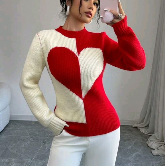 Sweaters | Womens Valentines Day Colorblock Heart Pattern Sweater ...